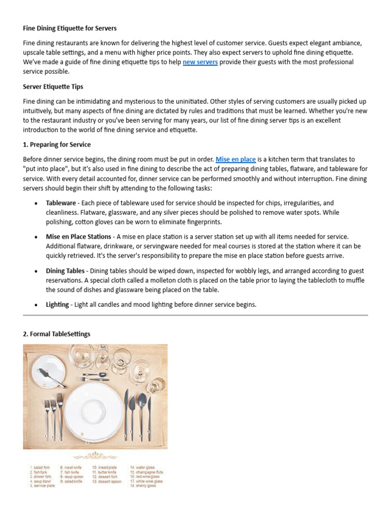 Fine Dining Etiquette for Servers | PDF | Tableware | Waiting Staff