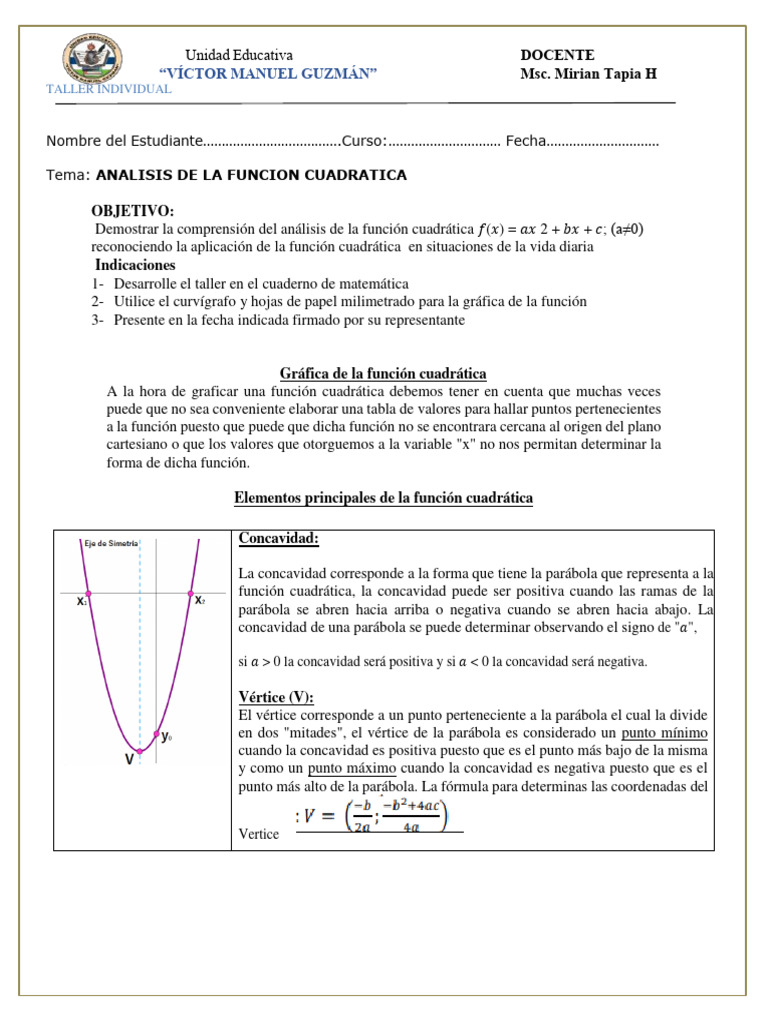 Matematica-1.-TALLER DE LA FUNCION CUADRATICA 2023-2024 | PDF | Función (Matemáticas) | Análisis ...