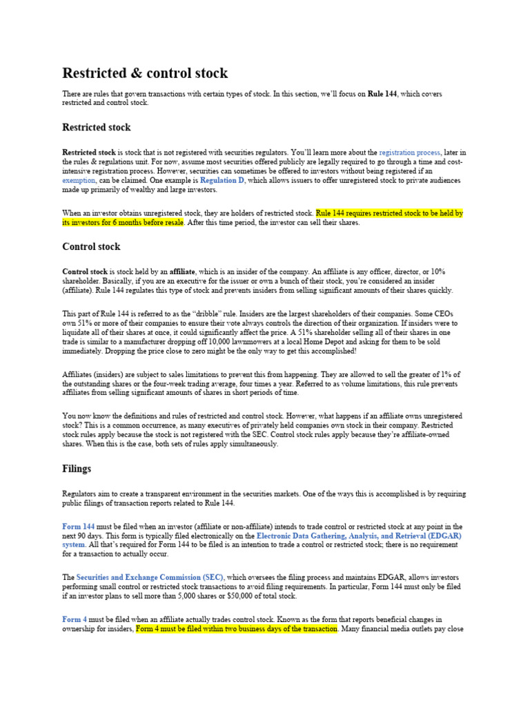 2.1.7 - Restricted & Control Stock | PDF | Stocks | Securities Act Of 1933