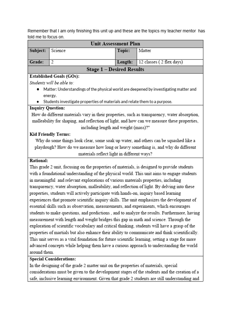Grade 2 Science Unit on Matter Properties | PDF | Learning | Experience