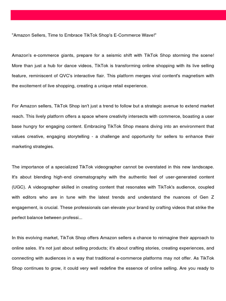 Amazon Sellers, Time To Embrace TikTok Shop's E-Commerce Wave! | PDF | E Commerce | Human ...