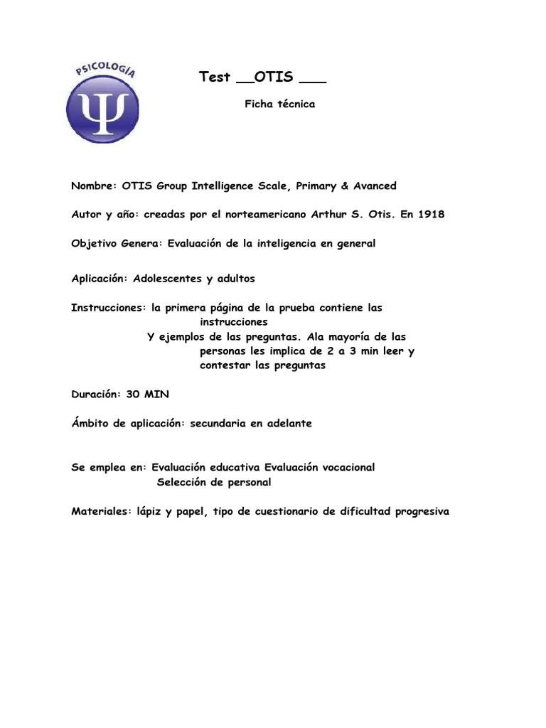 Act 4 Ficha Tecnica Test Otis | PDF