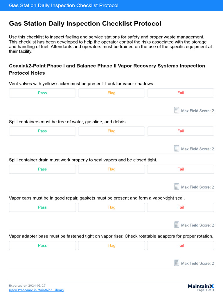 Gas Station Daily Inspection Checklist Protocol | PDF | Filling Station ...