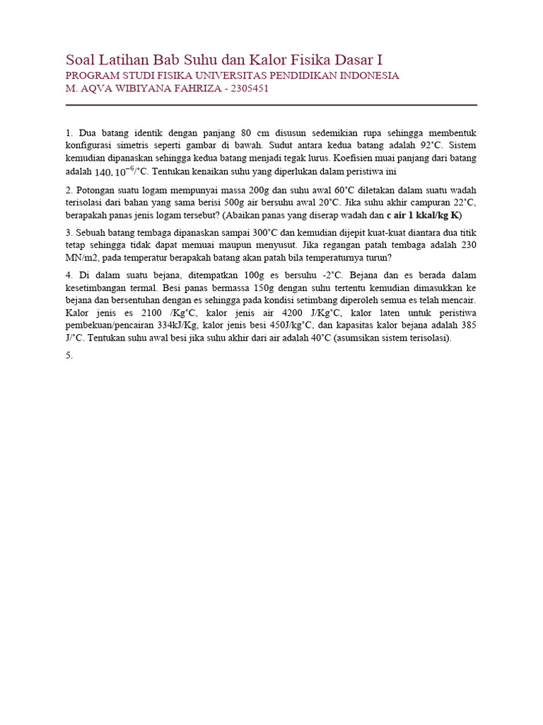 Soal Latihan Bab Suhu Dan Kalor Fisika Dasar I UPI | PDF