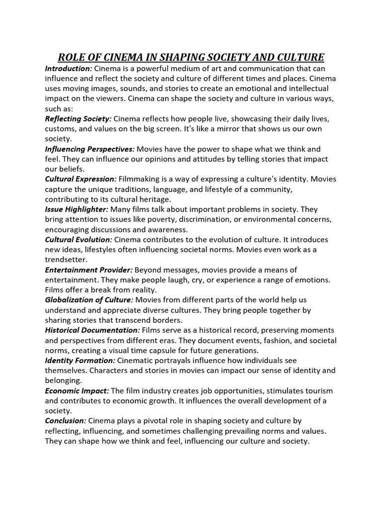 Role of Cinema in Shaping Society and Culture | PDF