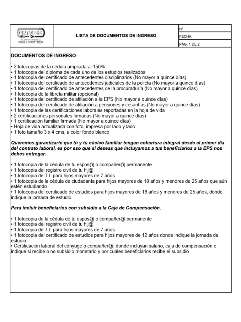 (Rap05) Lista de Documentos de Ingreso | PDF