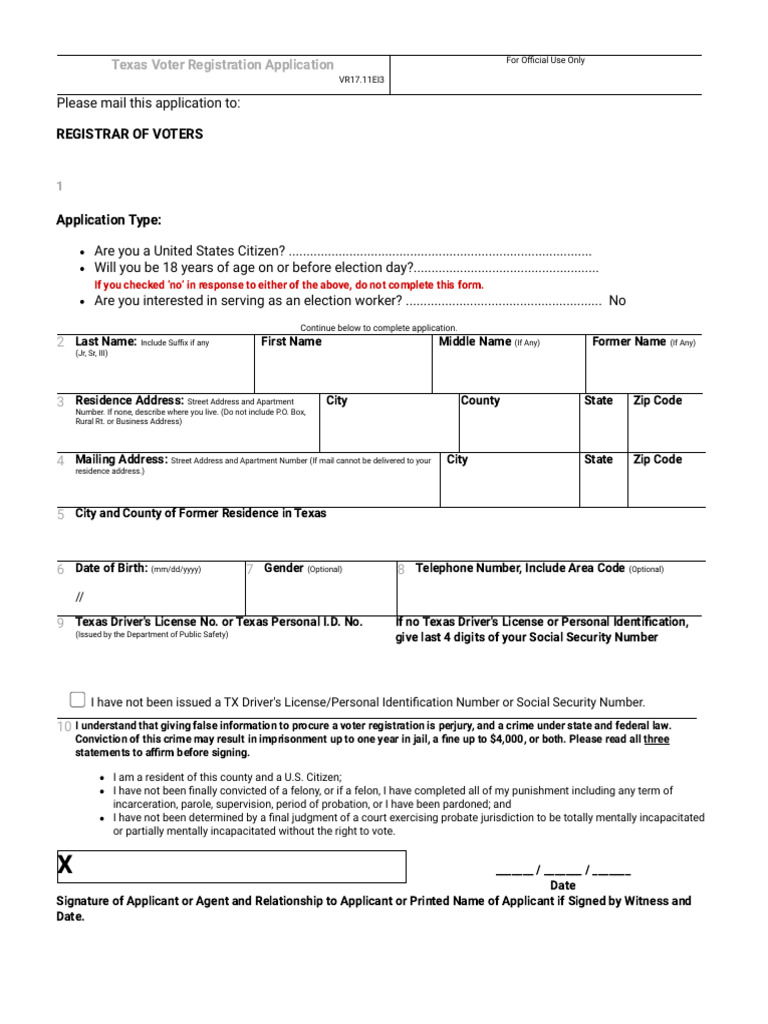 Texas Voter Registration Application | PDF | Felony | Identity Document