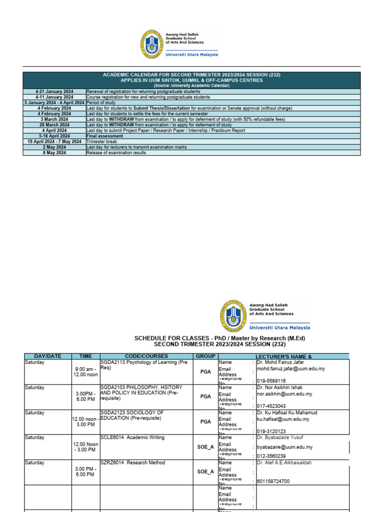 Jadual Kuliah PG A232 - Ahsgs | PDF | Thesis | Academic Term
