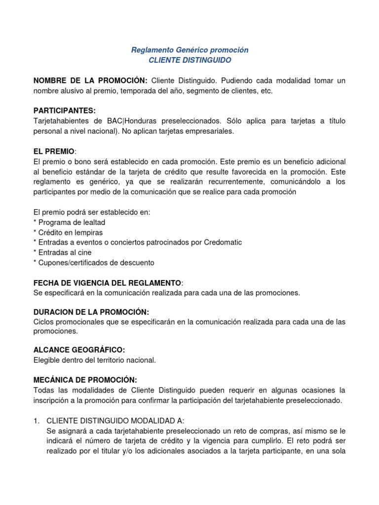 Reglamento Generico Promocion Cliente Distinguido | PDF | Tarjeta de ...