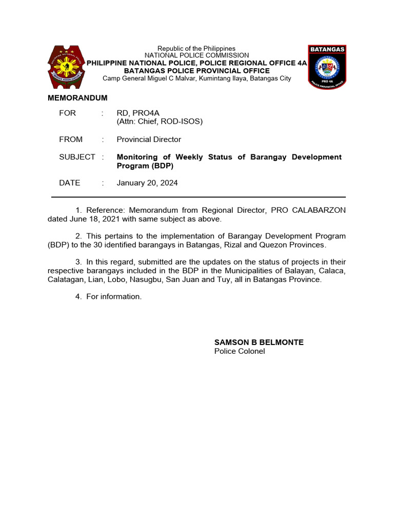 Monitoring of Weekly Status of Barangay Development Program (BDP) | PDF ...
