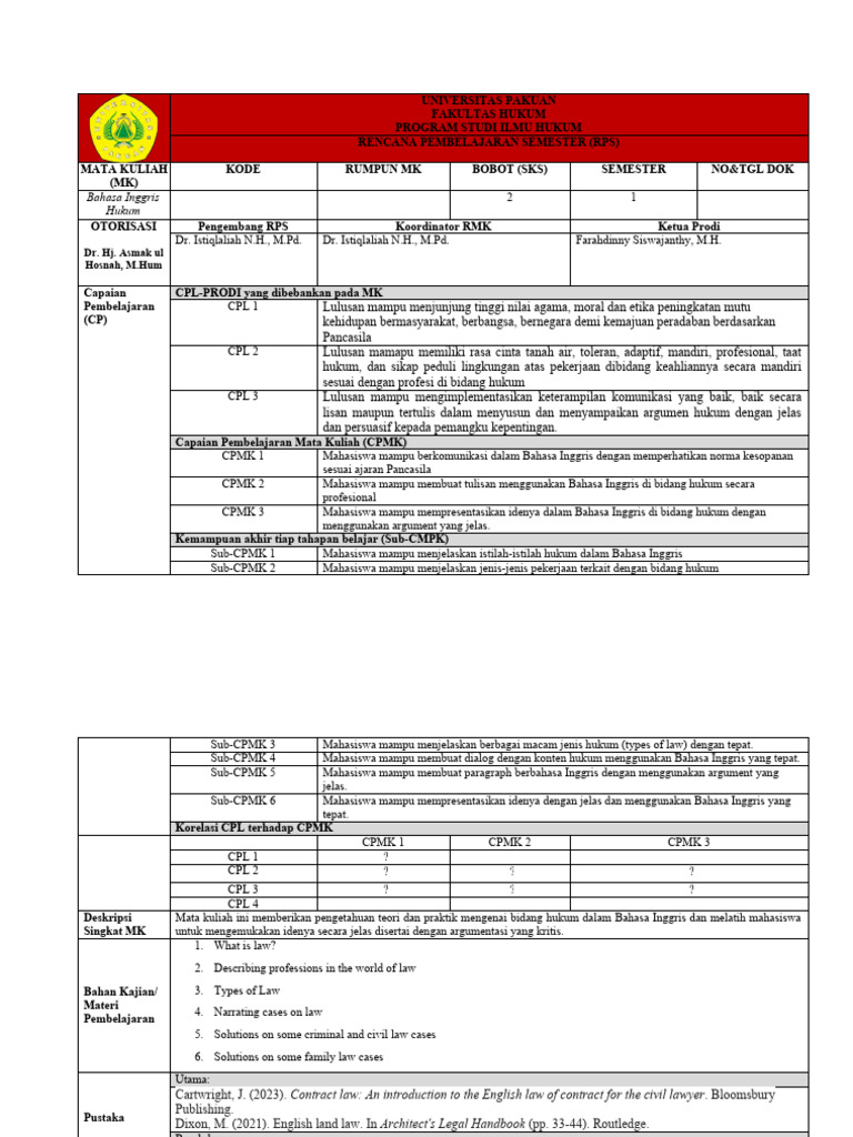 RPS Bahasa Inggris Hukum OBE | PDF