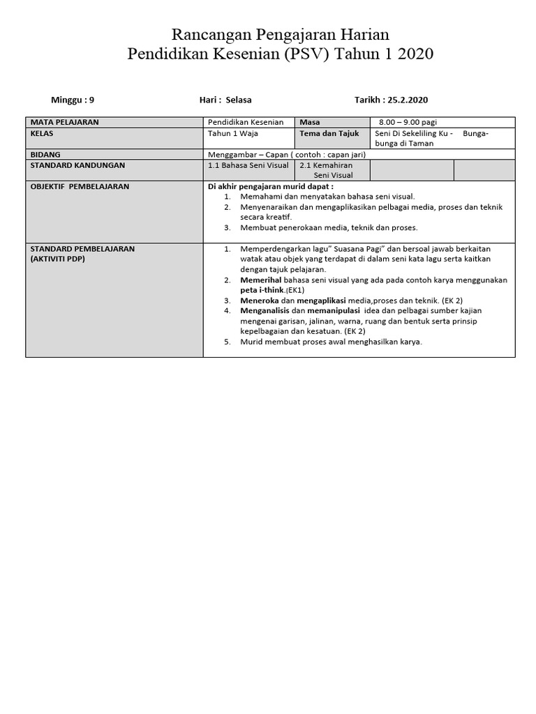 RPH PSV TAHUN 1 | PDF