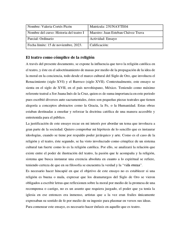 Ensayo Siglo de Oro y Religión | PDF | eucaristía | Teatro