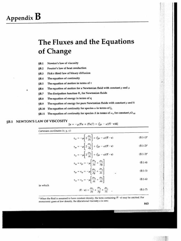 BSL Appendix B Continuity and Navier-Stokes Equations - 152929 | PDF