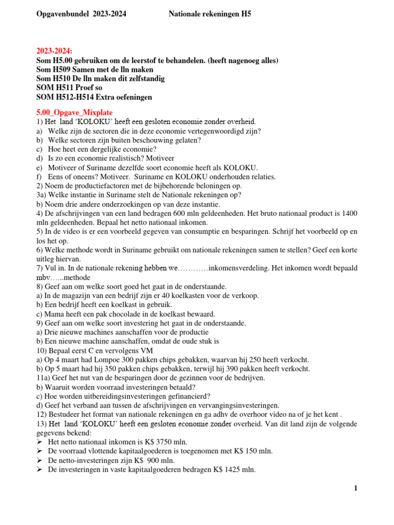 5 Nationale Rekeningen Opgavenbundel H5 | PDF