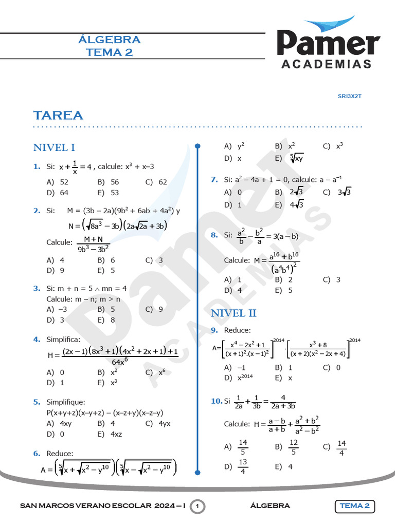 Álgebra - Verano Escolar - 1 Tarea | PDF