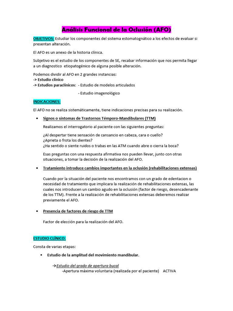 Análisis Funcional de La Oclusión (AFO) | PDF | Odontología | Ciencias de la Salud