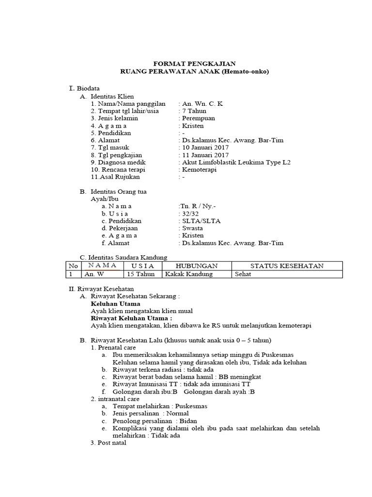 Format Pengkajian RUANG PERAWATAN ANAK (Hemato-Onko) | PDF