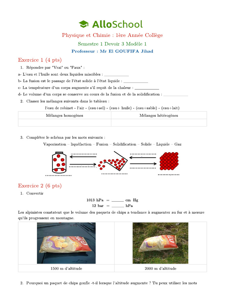 Pc 1ac Semestre 1 Devoir 3 Modele 1 1 Pdf