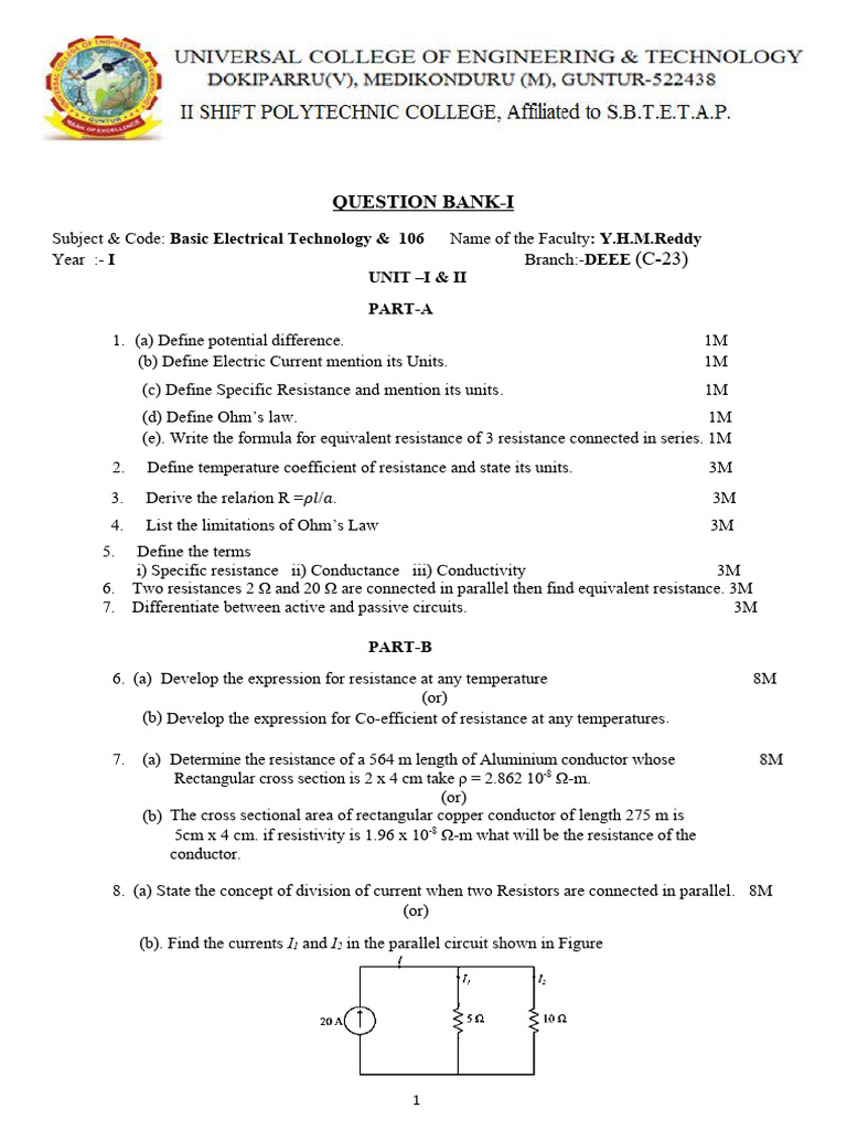 2023-24 Bet 106 Unit-1 Question Bank | PDF | Electrical Resistance And Conductance | Series And ...