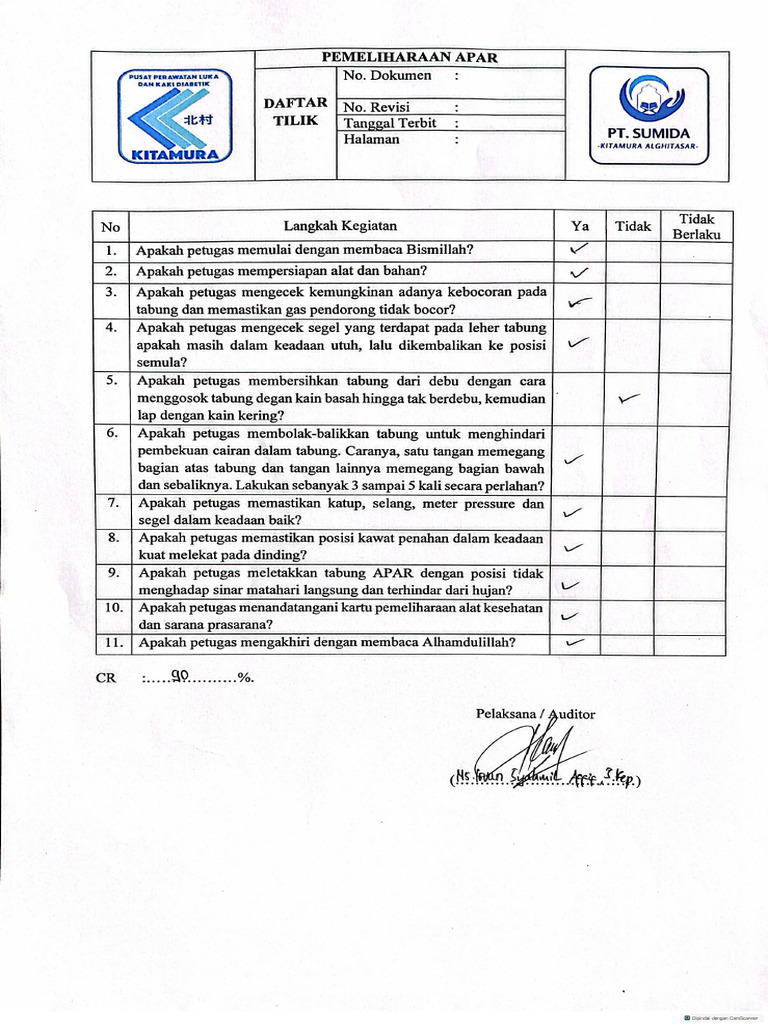 Daftar Tilik Pemeliharaan Apar | PDF