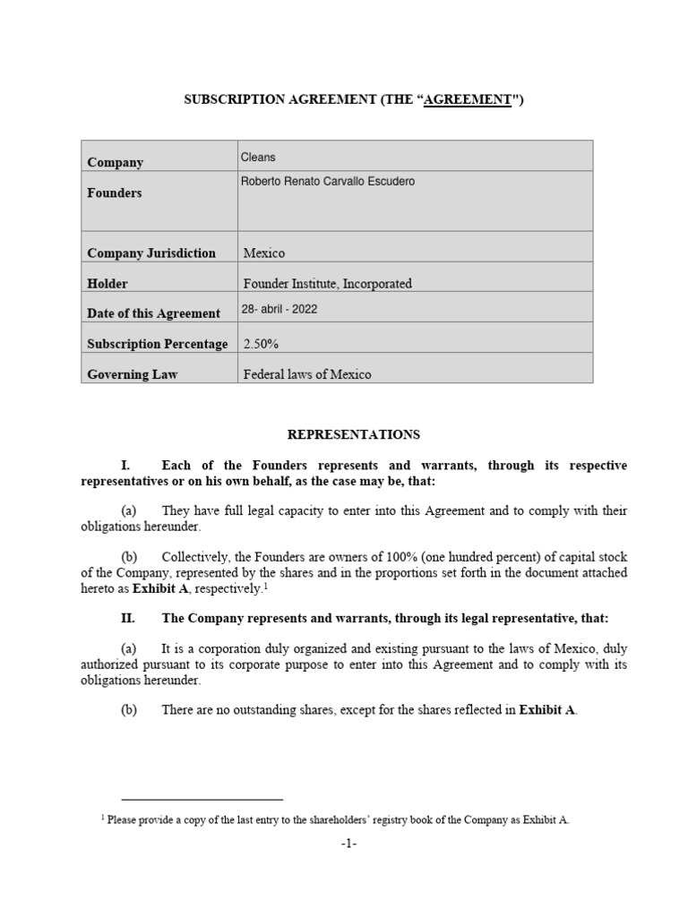 FI Subscription Agreement - Mexico - v4 | PDF | Stocks | Indemnity