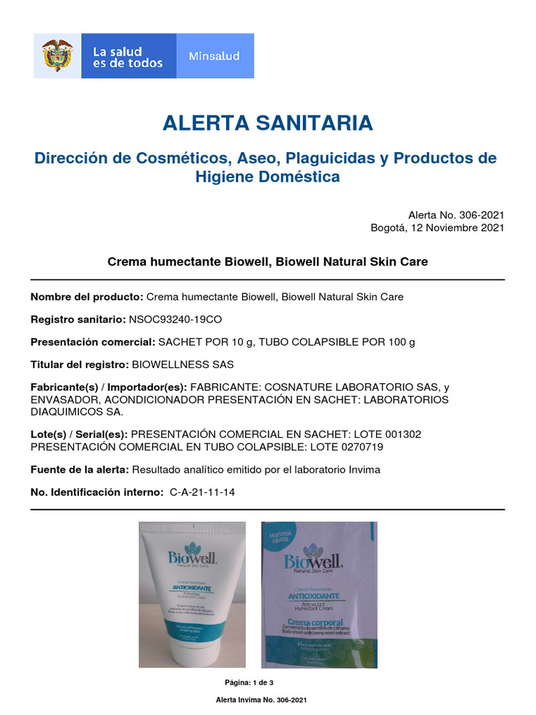 Alerta No - #306-2021 - Crema Humectante Biowell, Biowell Natural Skin ...