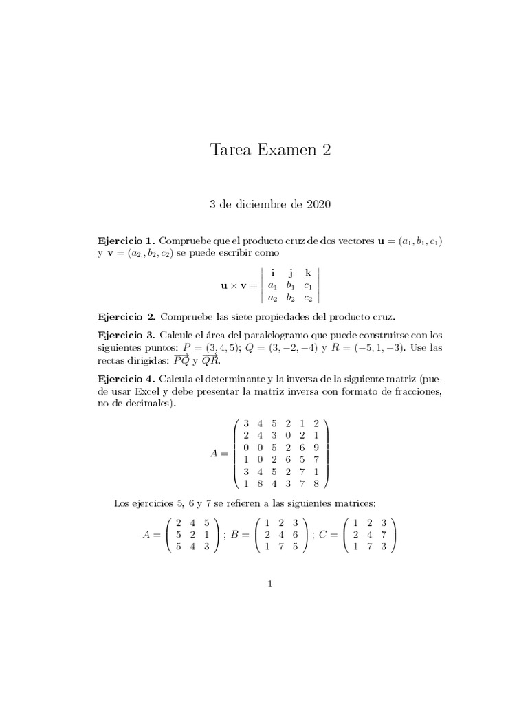 Mate II Tarea 2 Examen | PDF | Matriz (Matemáticas) | Determinante