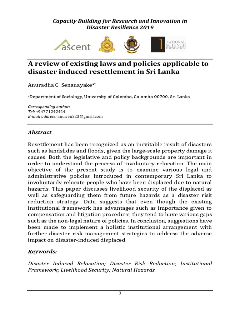 A Review of Existing Laws and Policies Applicable To Disaster Induced Resettlement in Sri Lanka ...