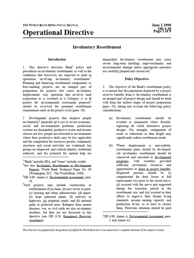THE WORLD BANK OPERATIONAL MANUAL OD 4.30 Operational Directive | PDF ...