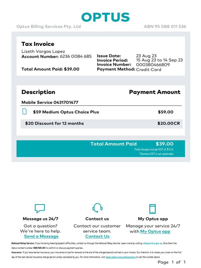 Optus Billing Invoice Details | PDF | Invoice | Payments