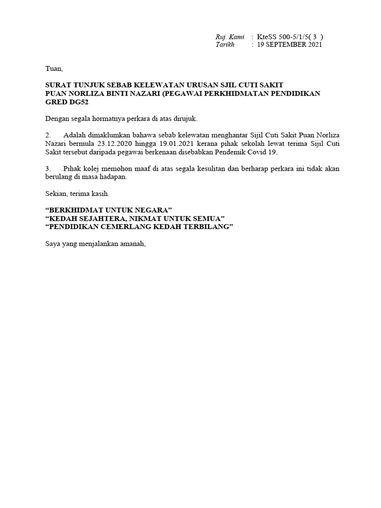 Surat Tunjuk Sebab Lewat Hantar Mc 2024 | PDF