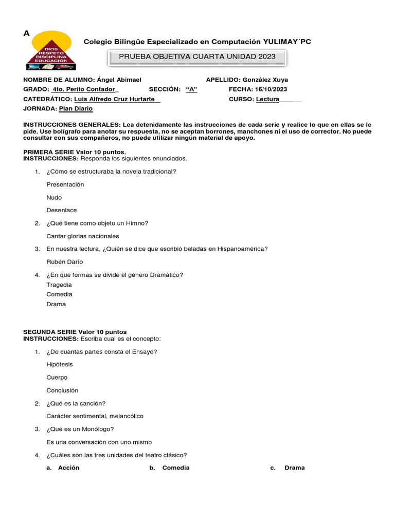 Examen de Lectura Lectura Angel Xuya | PDF