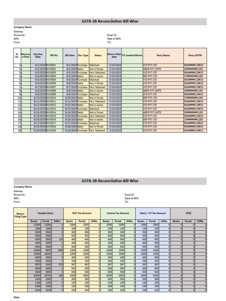 GSTR-2B Bill Wise Reconciliation Format | PDF | Taxes | Payments