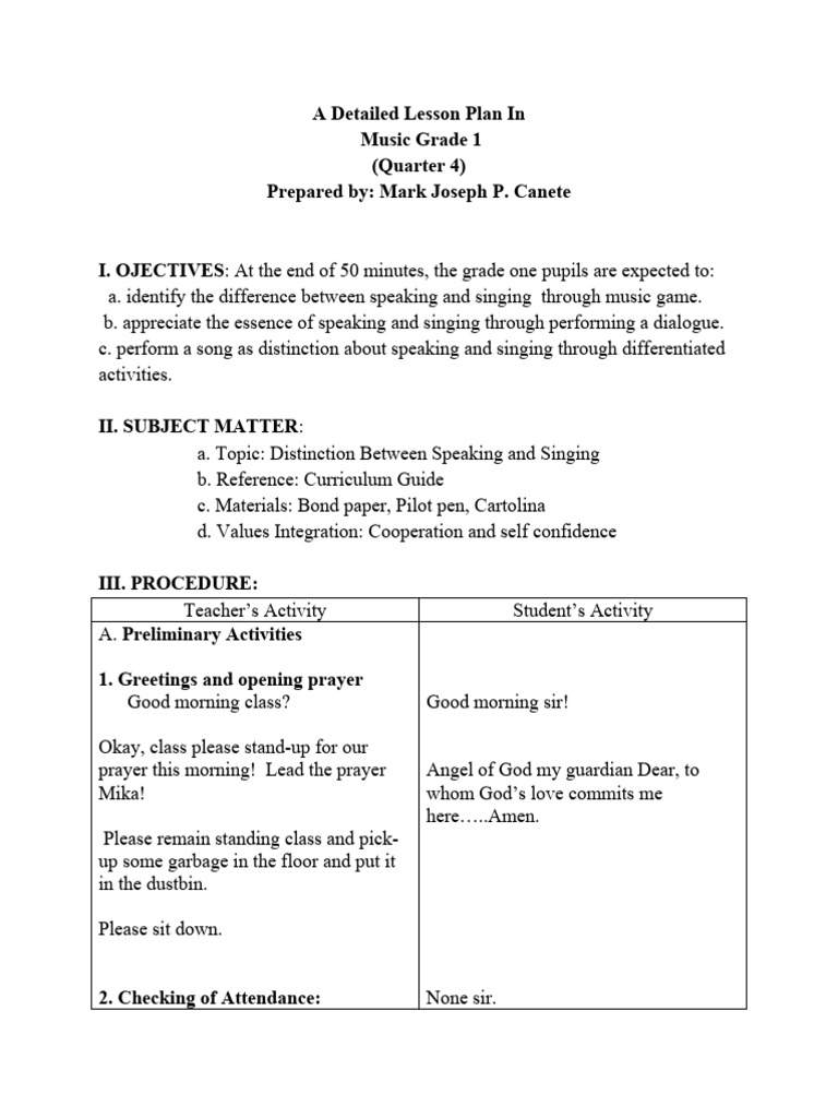 A Detailed Lesson Plan in Music | PDF | Singing | Prayer