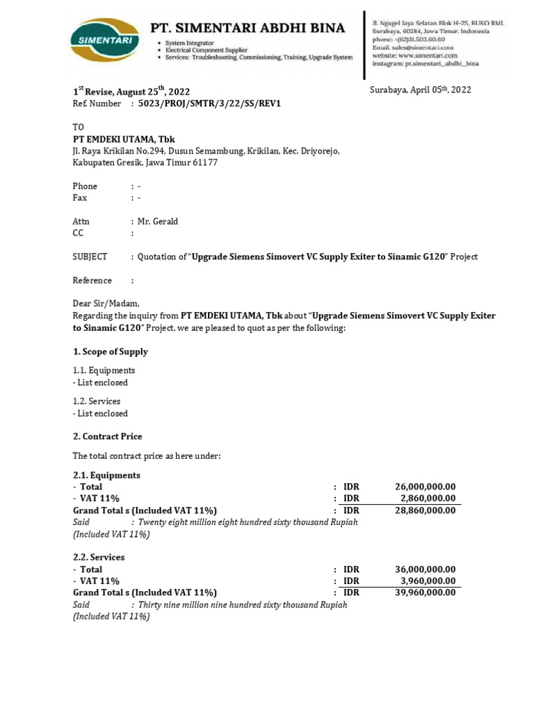 Siemens Simovert VC Upgrade Quotation | PDF | Indonesian Rupiah | Electrical Engineering