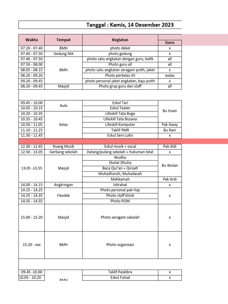 Jadwal Kegiatan Foto dan Eskul Sekolah | PDF