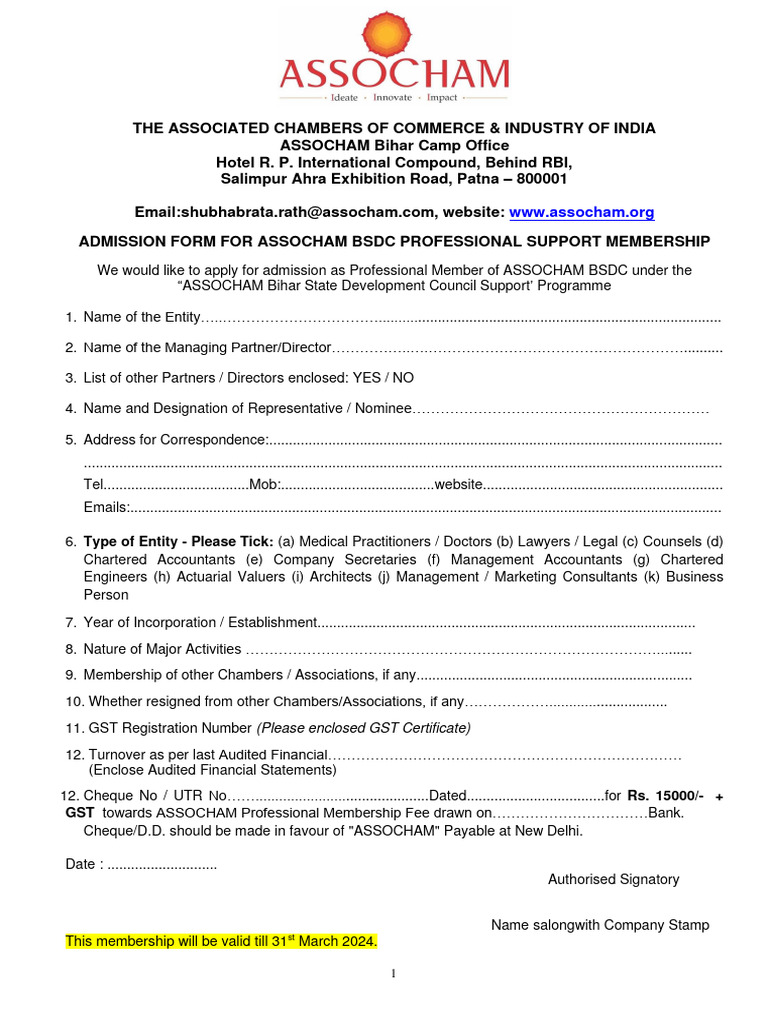 ASSOCHAM BSDC Professional Support Memebrship - Application Form ...