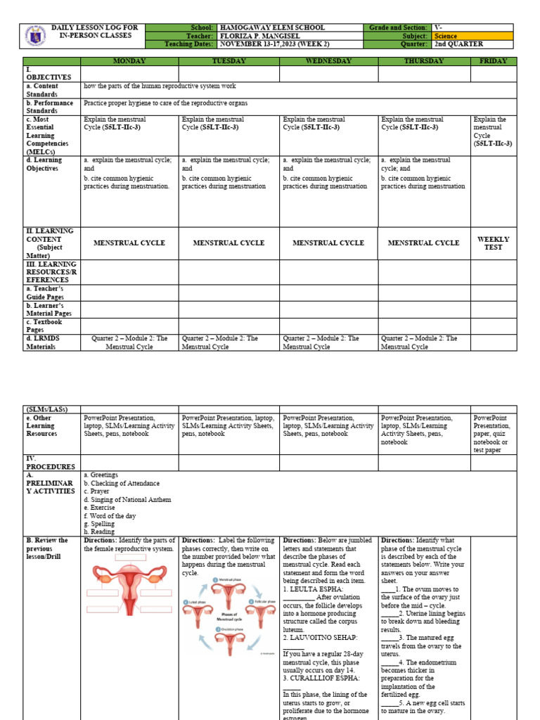 Menstrual Cycle Lesson Plan for Grade 5 | PDF | Menstrual Cycle | Ovary