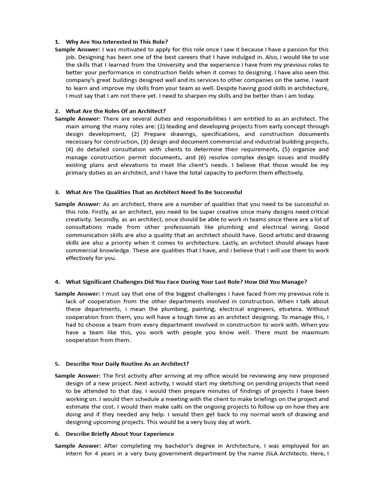 Job Interview Sample Questions and Answers | PDF | Architect | Information