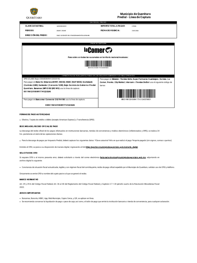 Consulta de Línea de Captura para Pago de Impuesto Predial en Bancos y Tiendas de Conveniencia ...