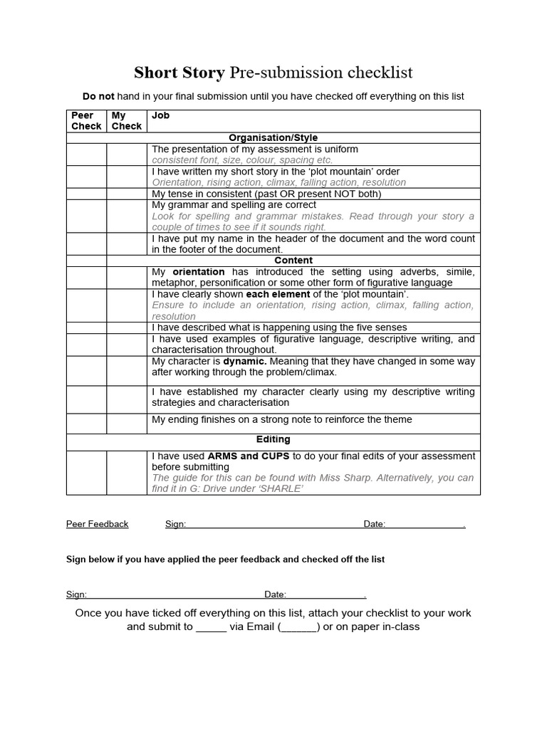 Short Story Checklist | PDF | Human Communication | Writing