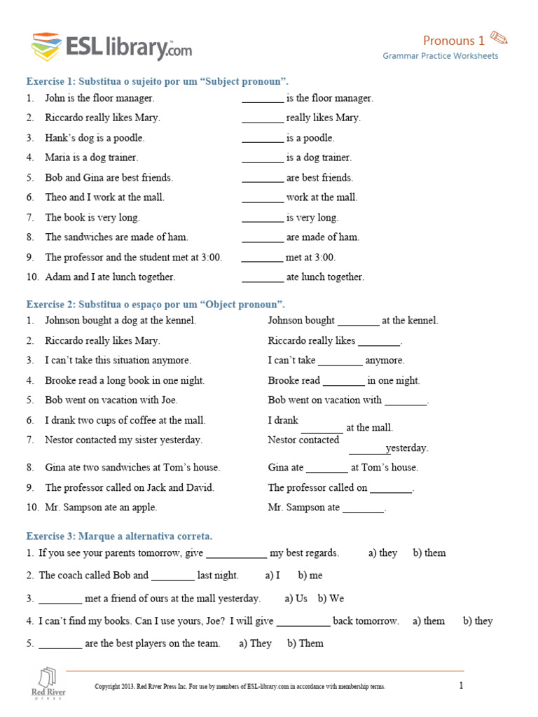 Subject and Object Pronoun Various Worksheets | PDF