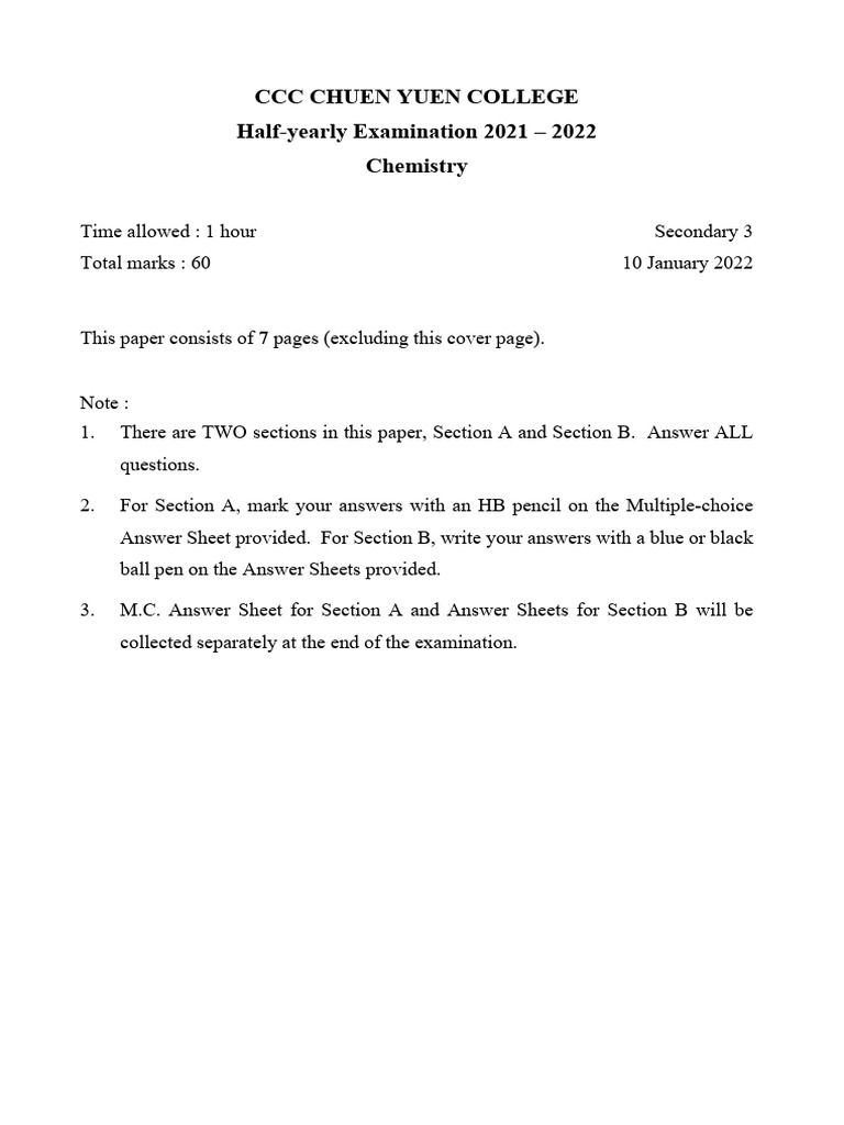 S3 Chemistry Half-Yearly Exam 2021-22 | PDF | Atoms | Chemical Elements