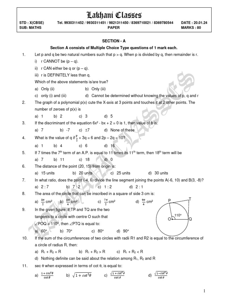 20.01.24. X (Cbse) Maths Prelim Paper | PDF | Circle | Area