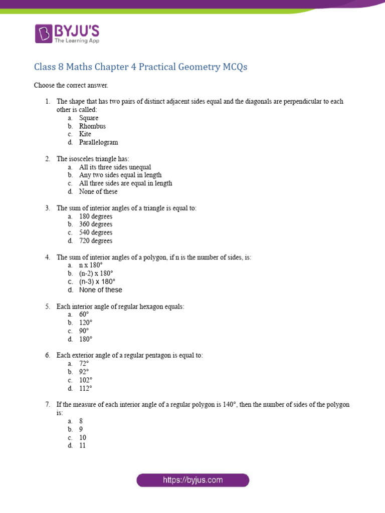 Class 8 Maths Geometry MCQs | PDF | Teaching Methods & Materials