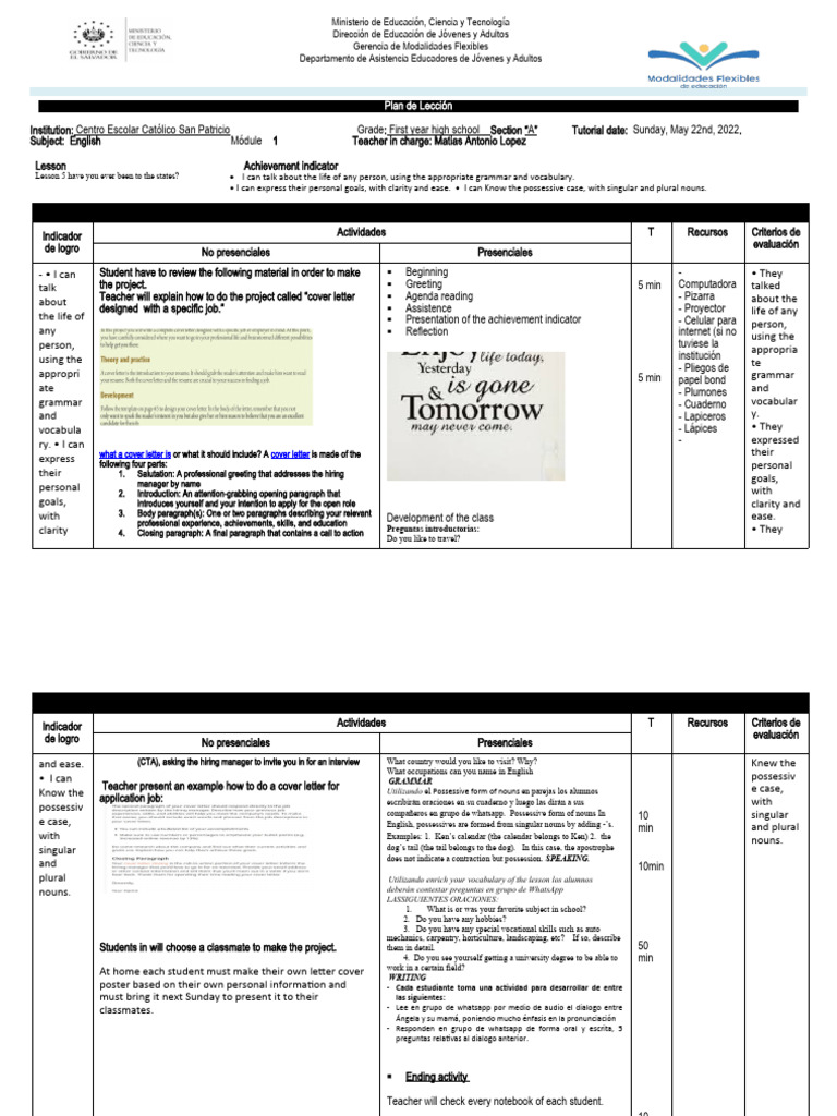Planificacion Primer Año 22 de Mayo de 2022 Modulo 1 Ingles | PDF | Linguistic Typology ...
