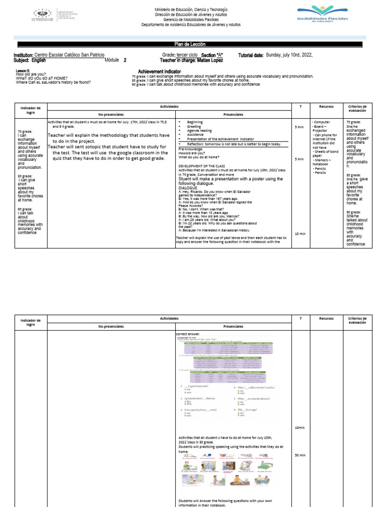 Planificacion Tercer Ciclo Lesson 5 Unit 2 Fecha 10 de Julio 2022 | PDF | Human Communication ...