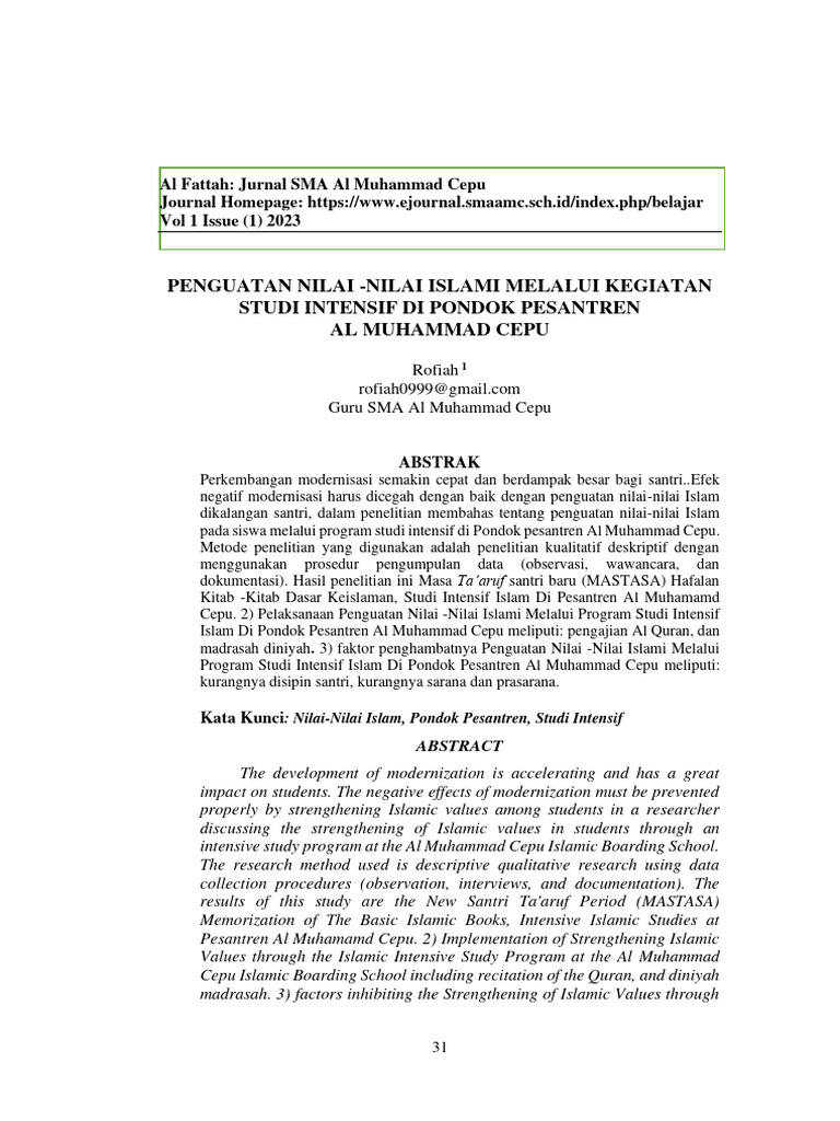 Penguatan Nilai - Nilai Islami Melalui Kegiatan Studi Intensif Di Pondok Pesantren | PDF ...
