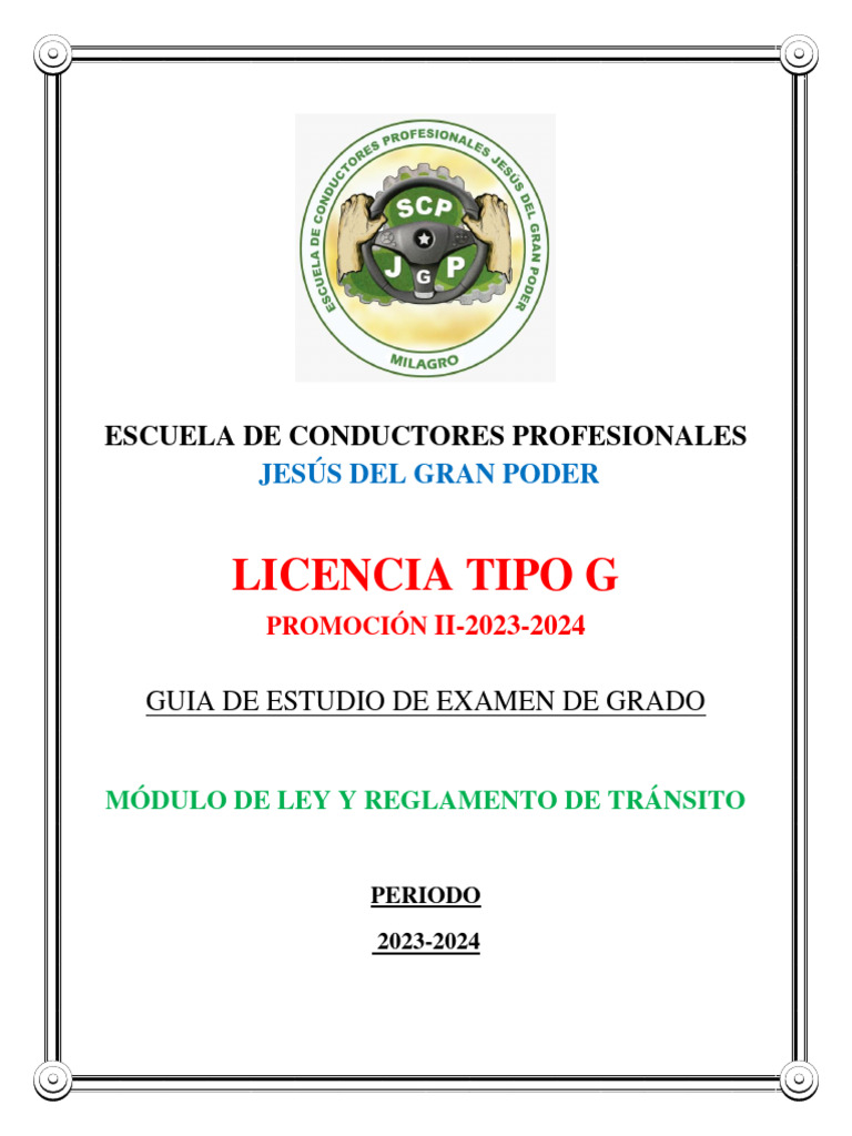 Banco de Preguntas para Exámenes de Grado Licencia Tipo G Ley y Reglamento de Transito | PDF ...